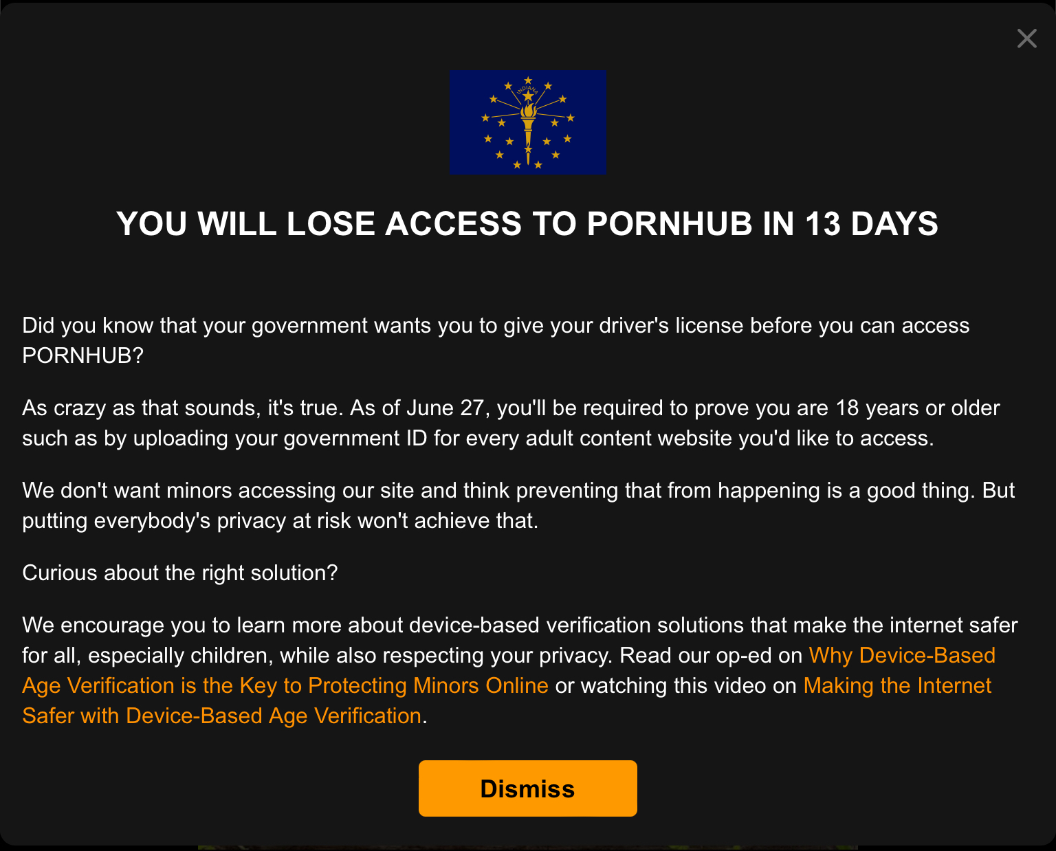 ‘You will lose access’: Pornhub warns Hoosier users of exit as age verification law takes effect ...